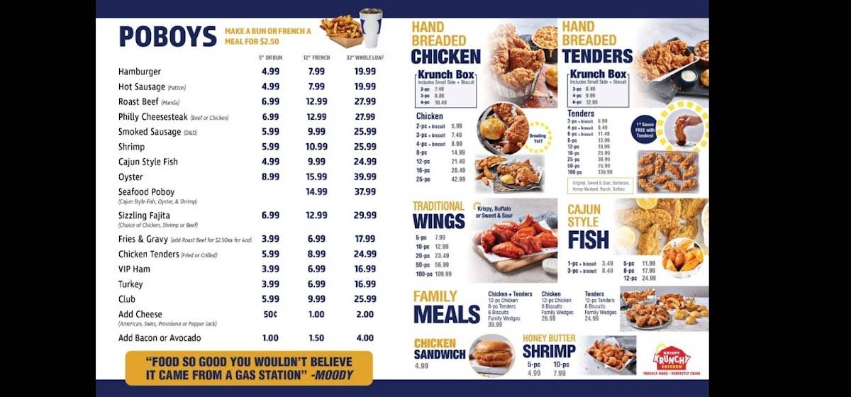 Menu at Moody's Time Saver restaurant, Slidell