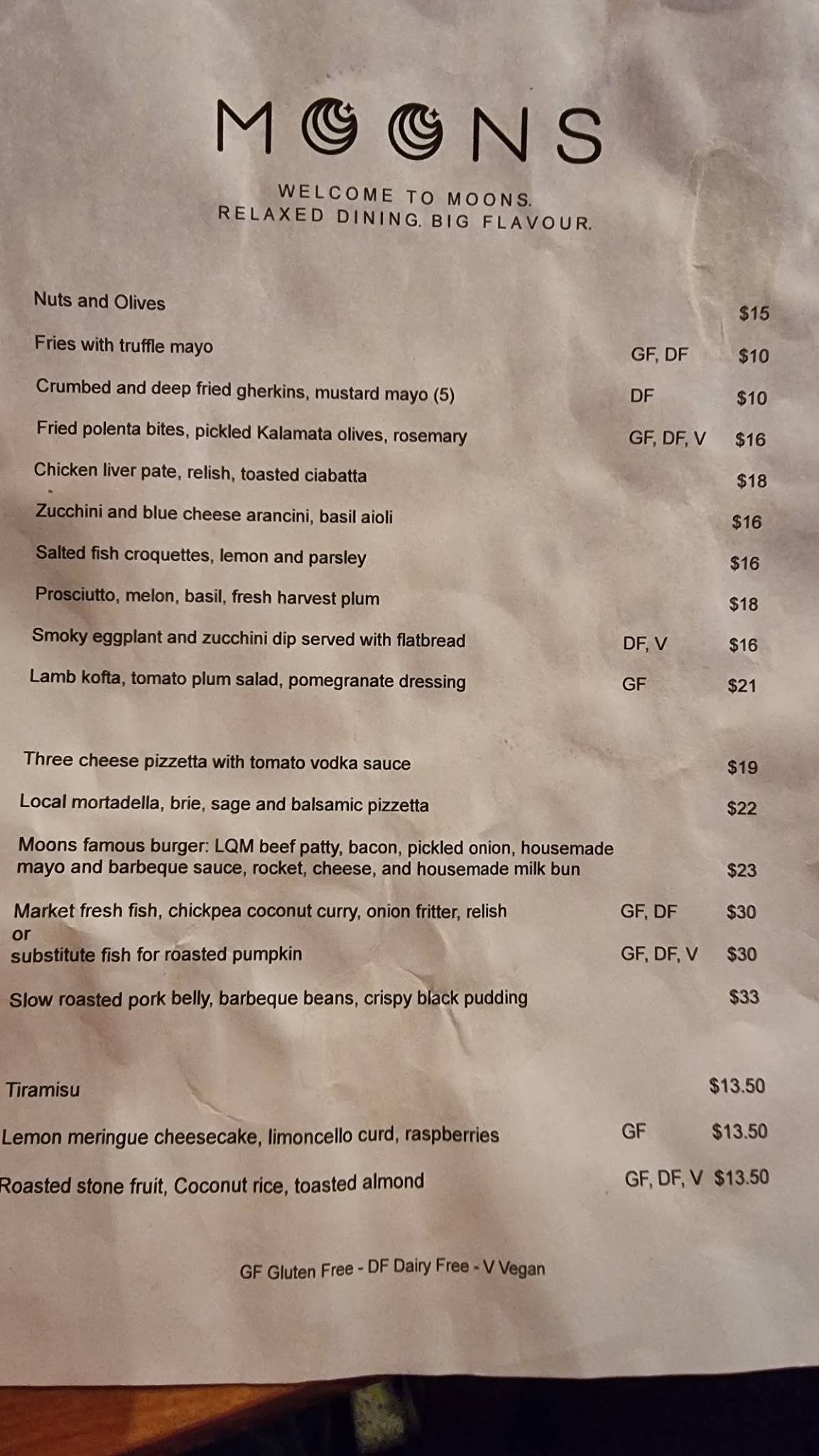 Menu at Moons Restaurant and Bar, Dunedin