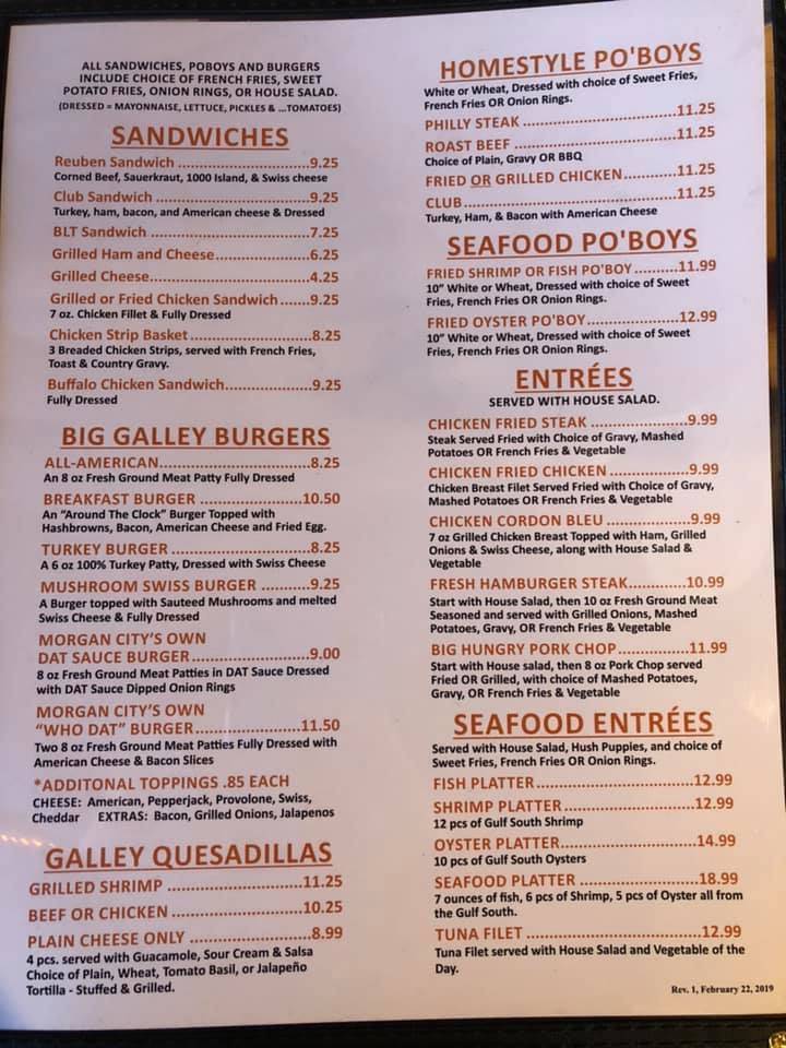 Menu at The Galley restaurant, Morgan City
