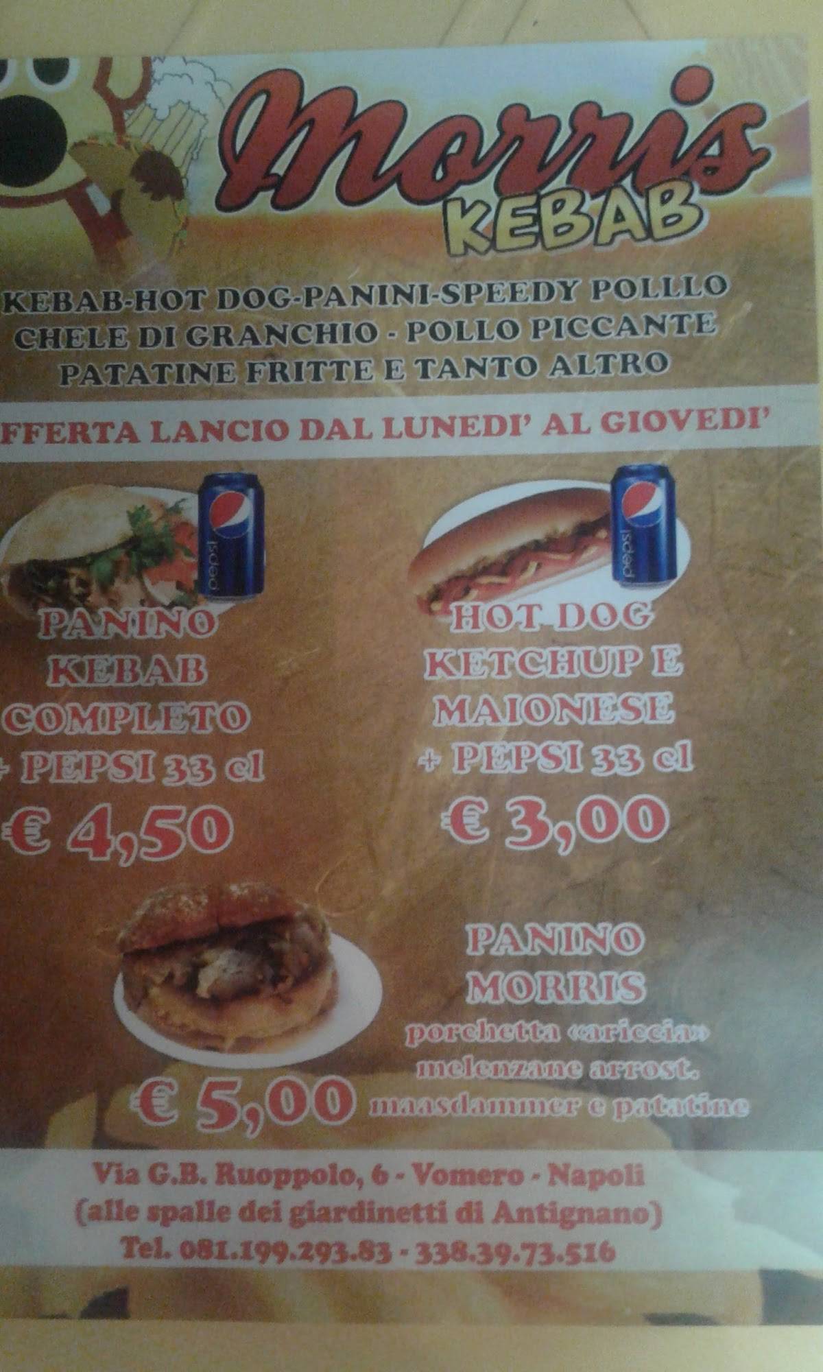 Menu at Morris Kebab restaurant, Naples, Via Giambattista Ruoppolo