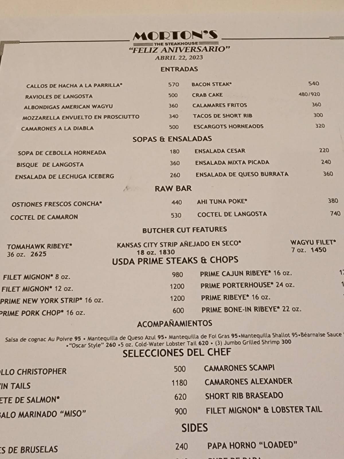 Carta de parrilla Morton's México, Ciudad López Mateos