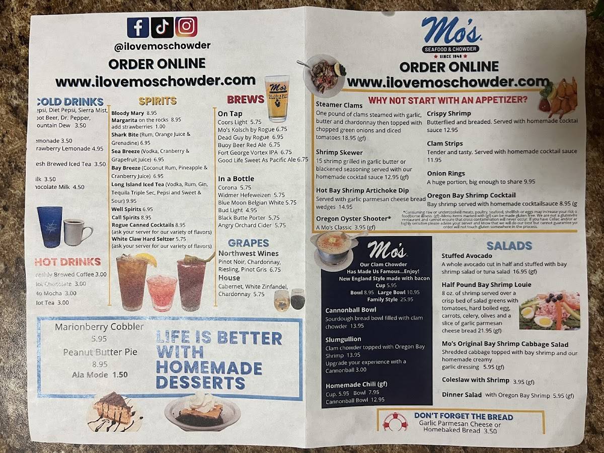 Menu at Mo's Seafood & Chowder - Lincoln City restaurant, Lincoln City