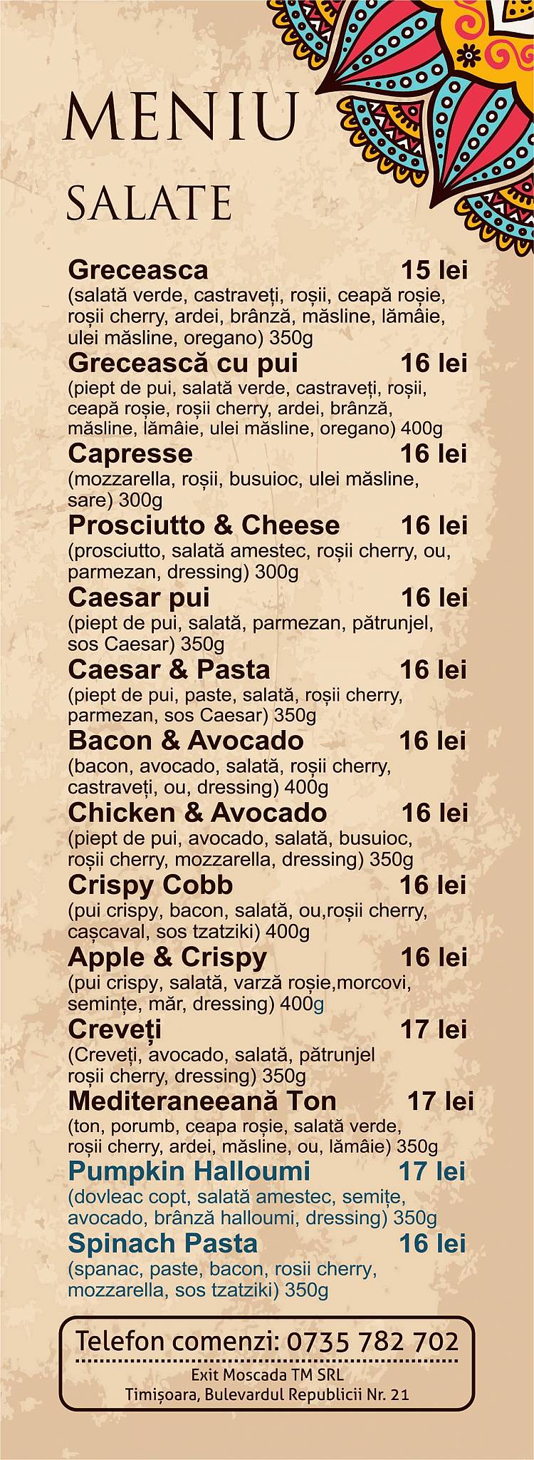 Menu at Moscada, Timișoara