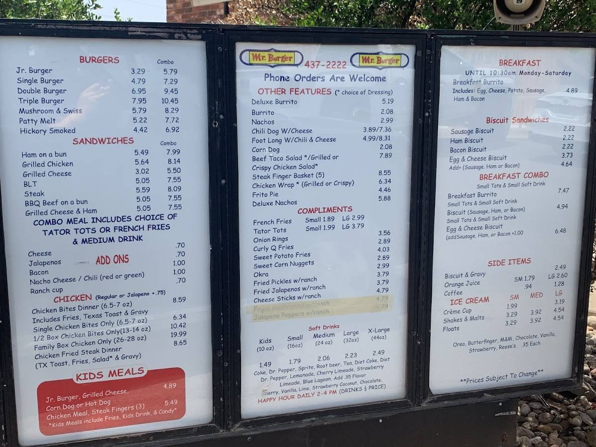 Menu at Mr Burger restaurant, Abilene