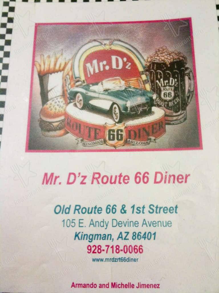 Menu at Mr D'z Route 66 Diner restaurant, Kingman