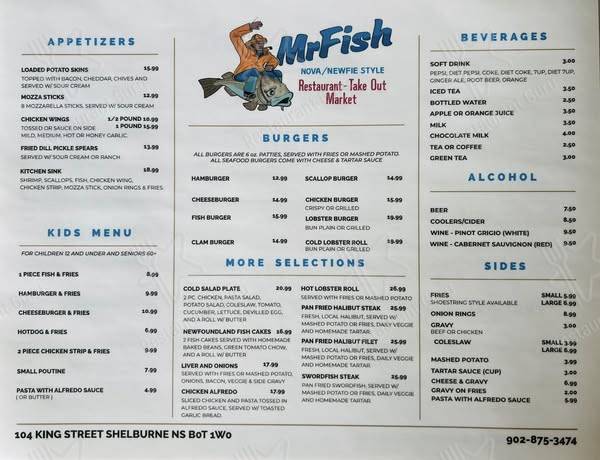 Menu at Mr Fish restaurant, Shelburne