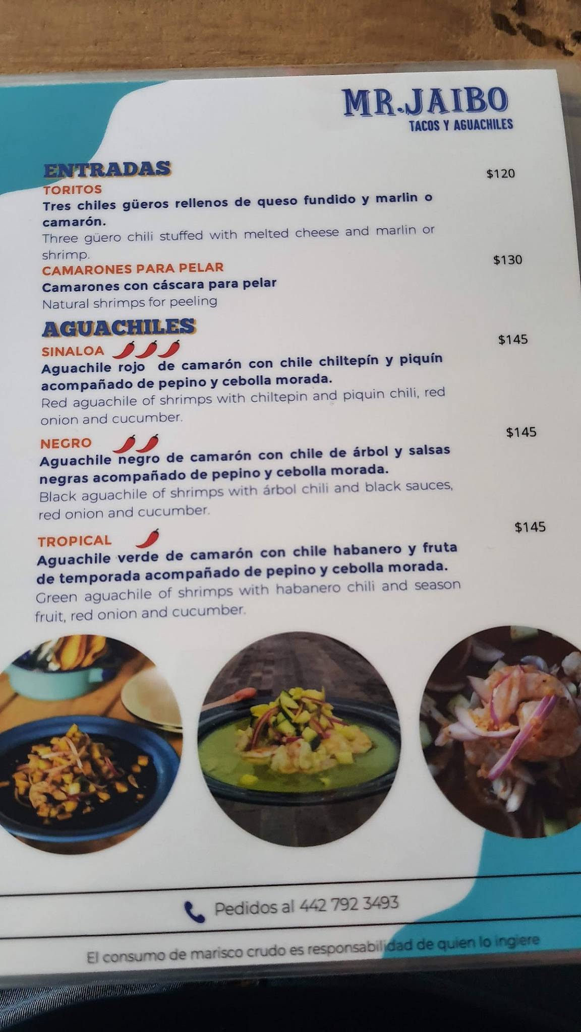 Menu at Mr. Jaibo restaurant, Santiago de Querétaro