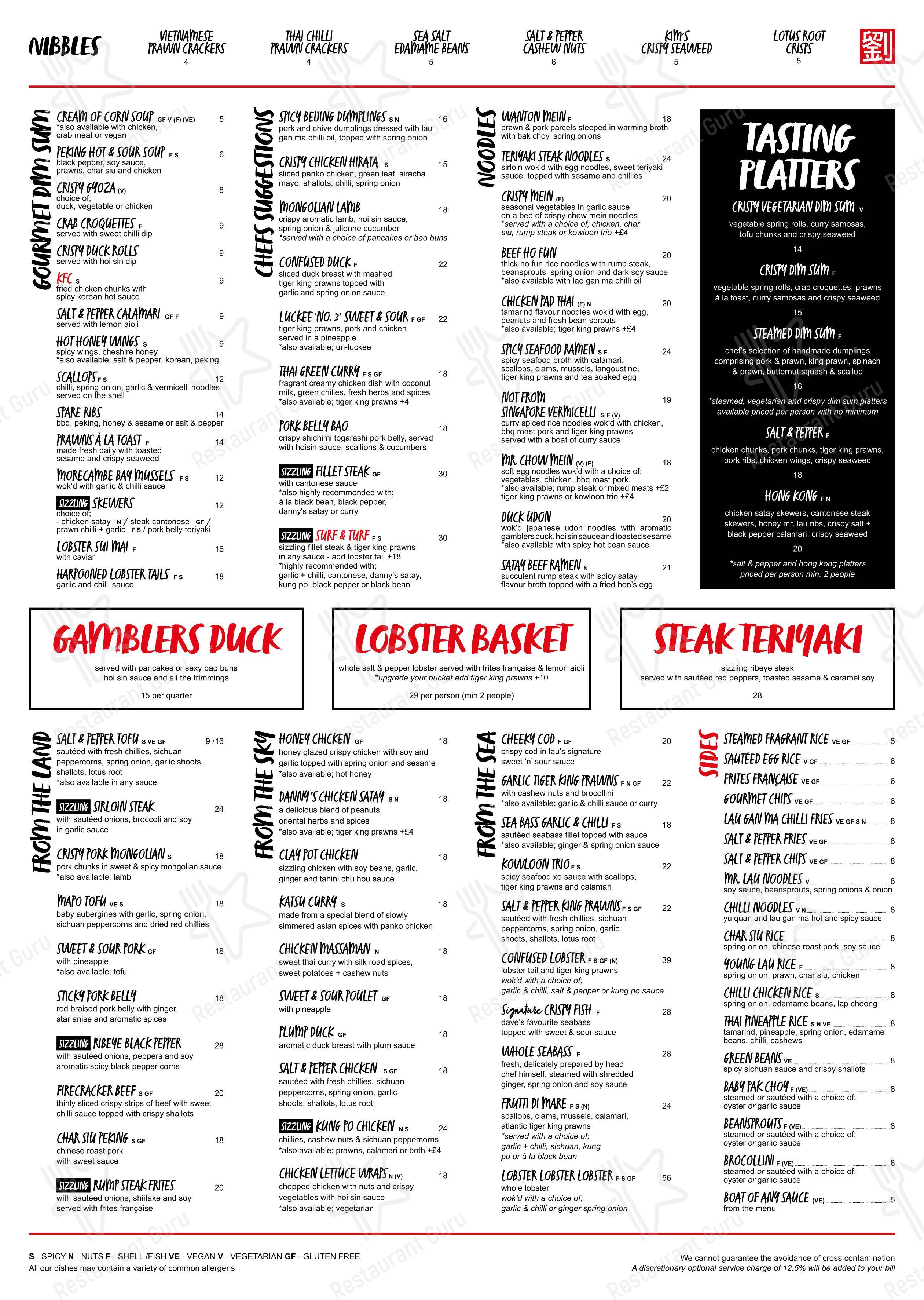 Menu at Mr Lau's restaurant, Warrington