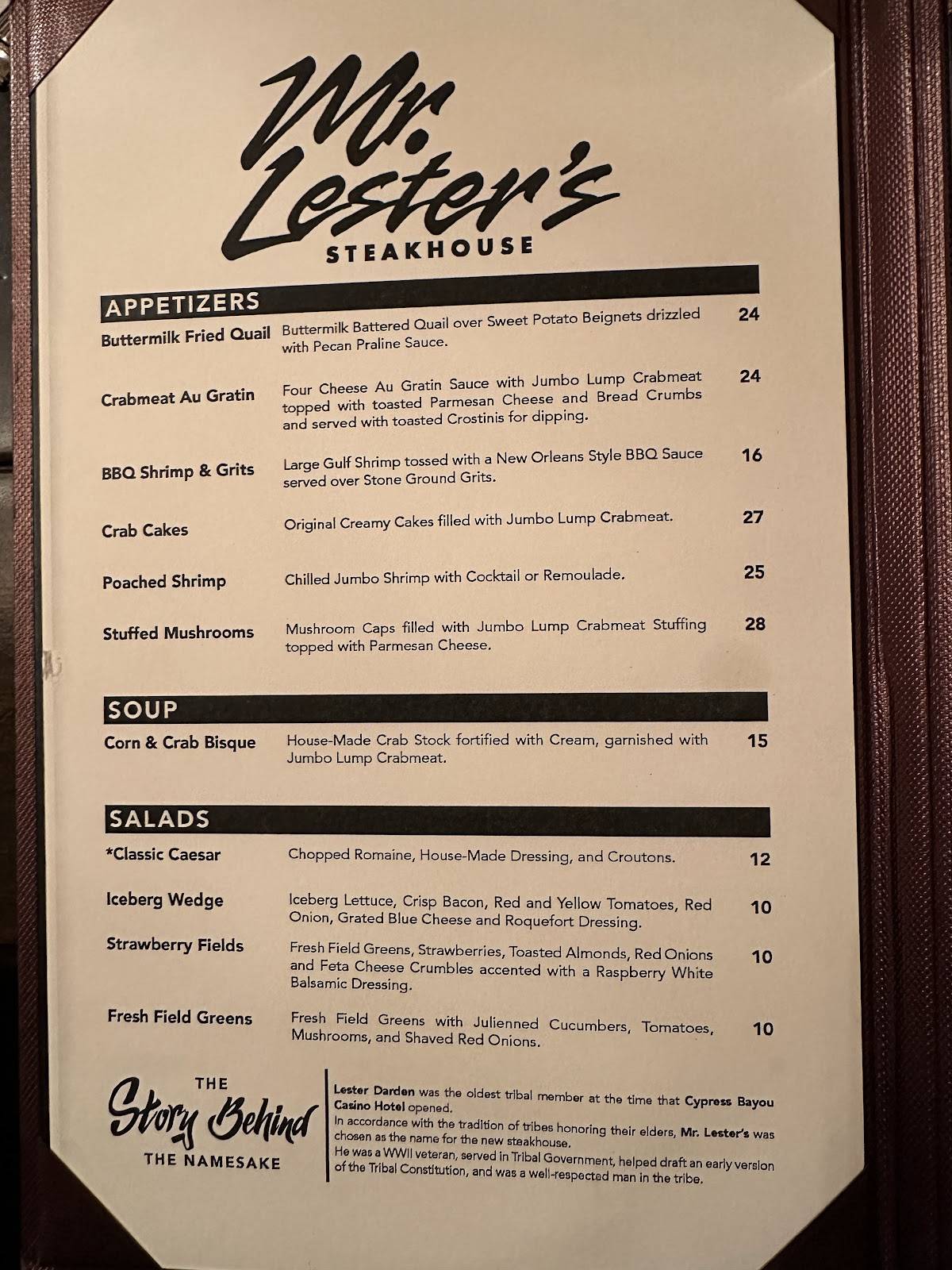 Menu at Mr. Lester's Steakhouse, Charenton