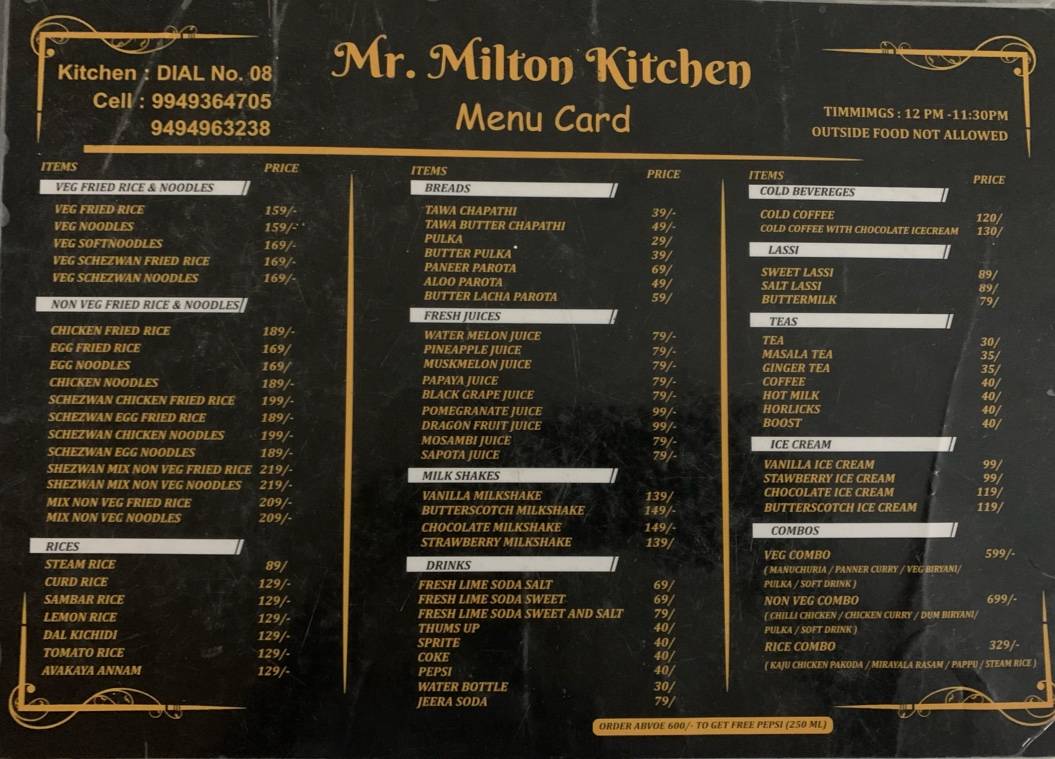 Menu at Mr.Milton kitchen, Hyderabad