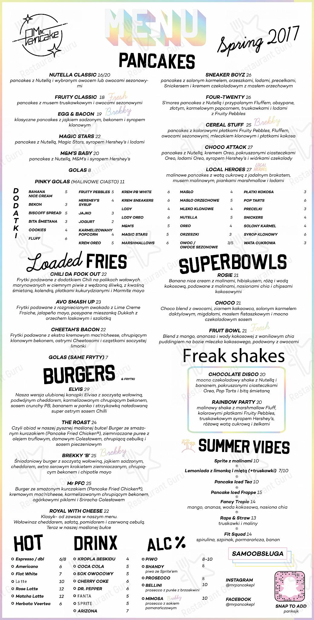 Menu at Mr Pancake. restaurant, Kraków