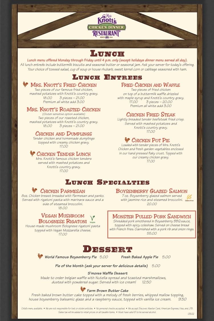 Menu at Mrs. Knott's Chicken Dinner Restaurant, Buena Park
