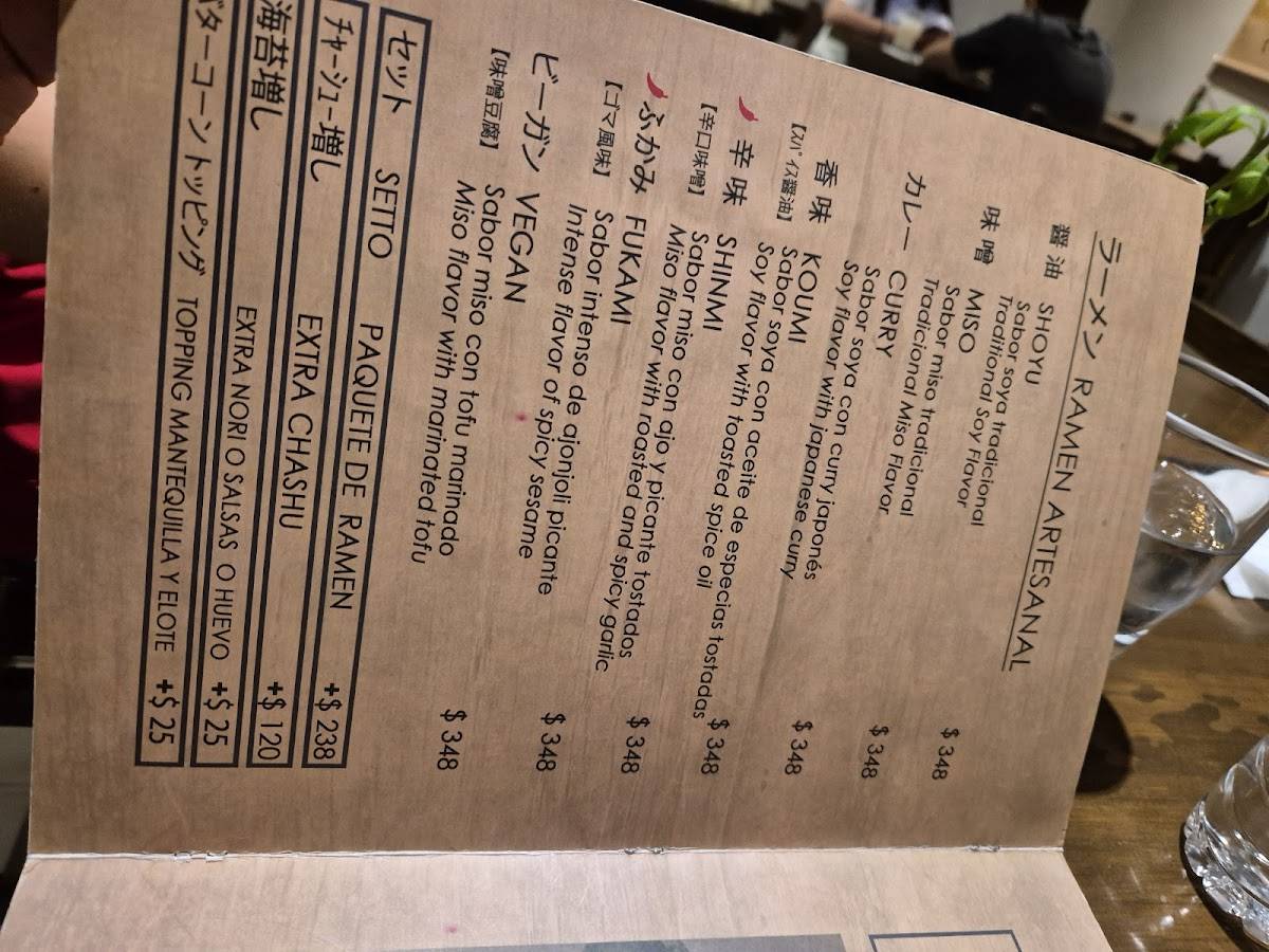 Menu at Mukyu Ramen restaurant, Mexico City