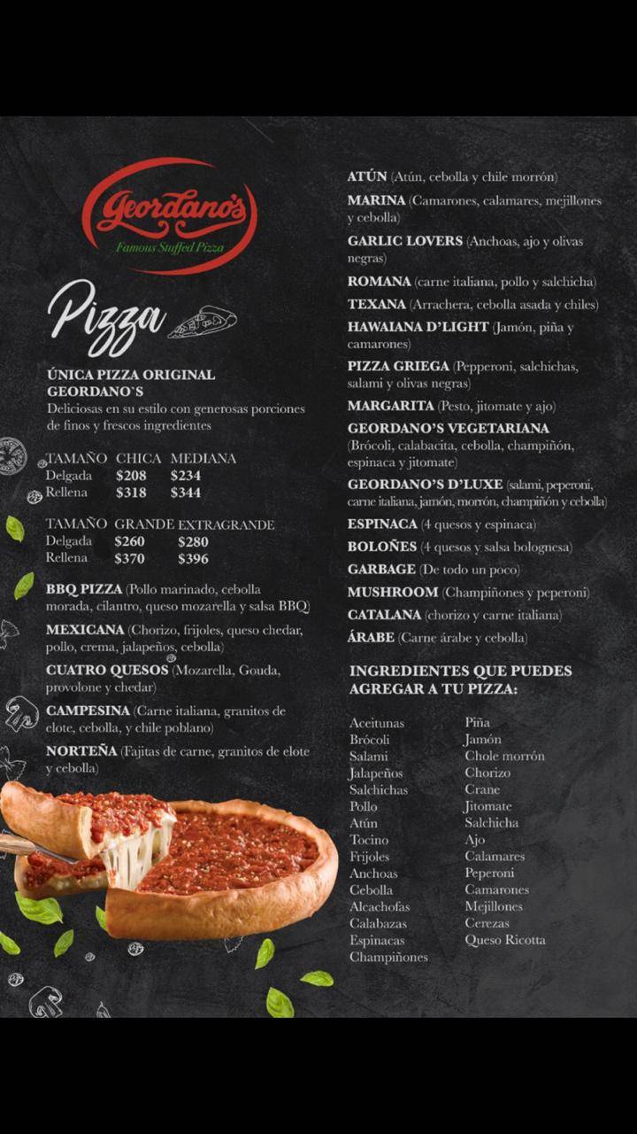 Menu at Geordano"s stuffed pizza the Original toluca pizzeria, Toluca
