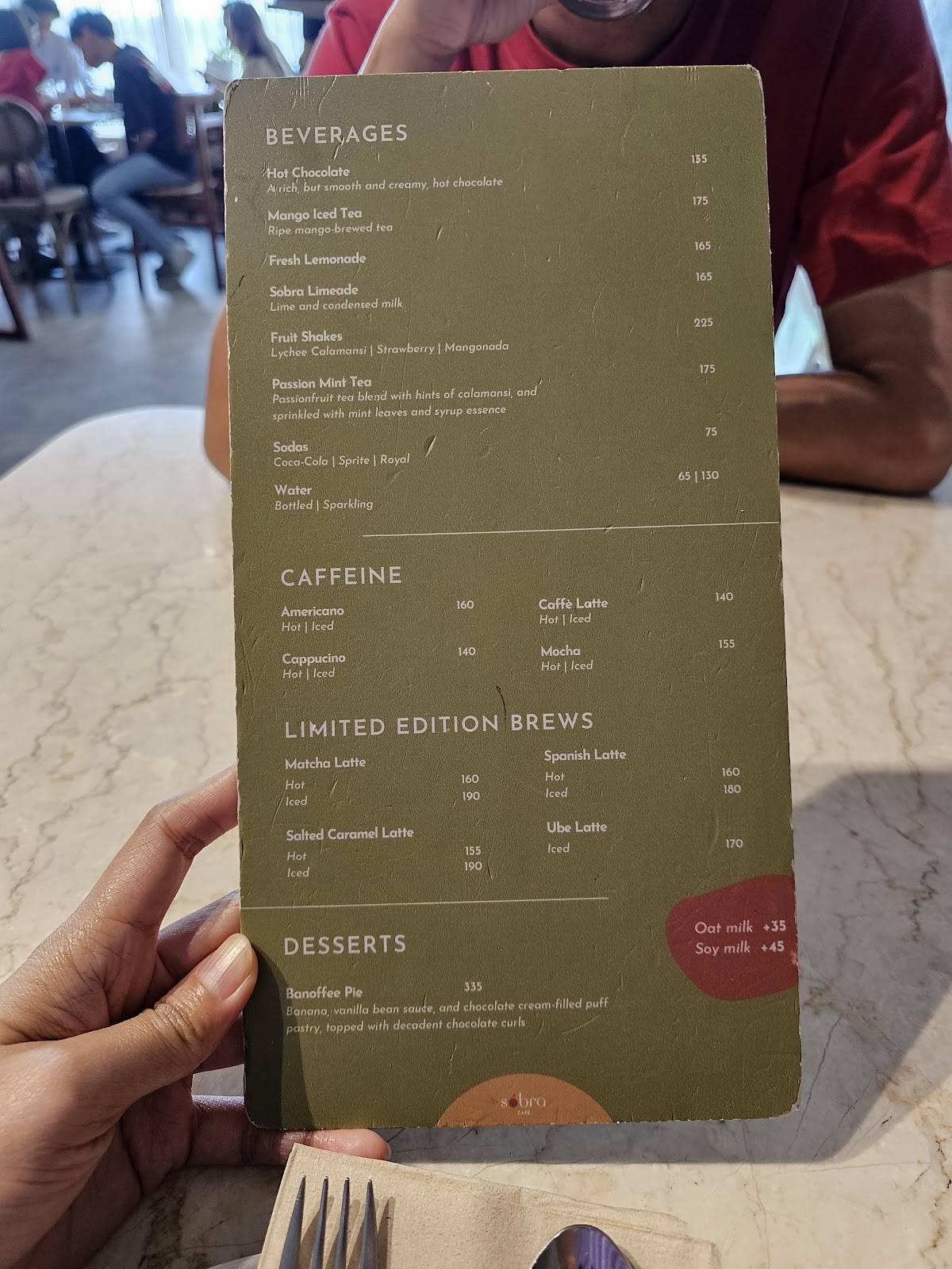 Menu at Sóbra Café restaurant, Muntinlupa