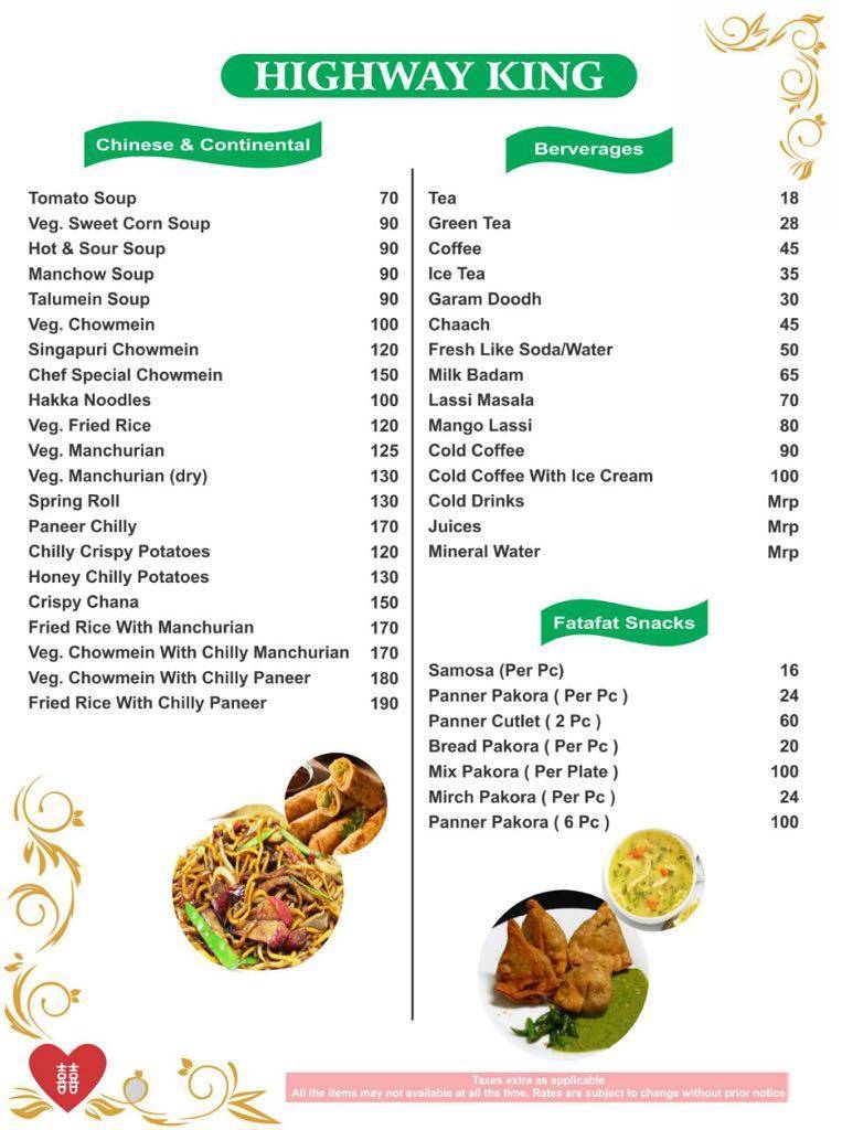 Menu at Murthal Highway King Dhaba Delhi, Delhi