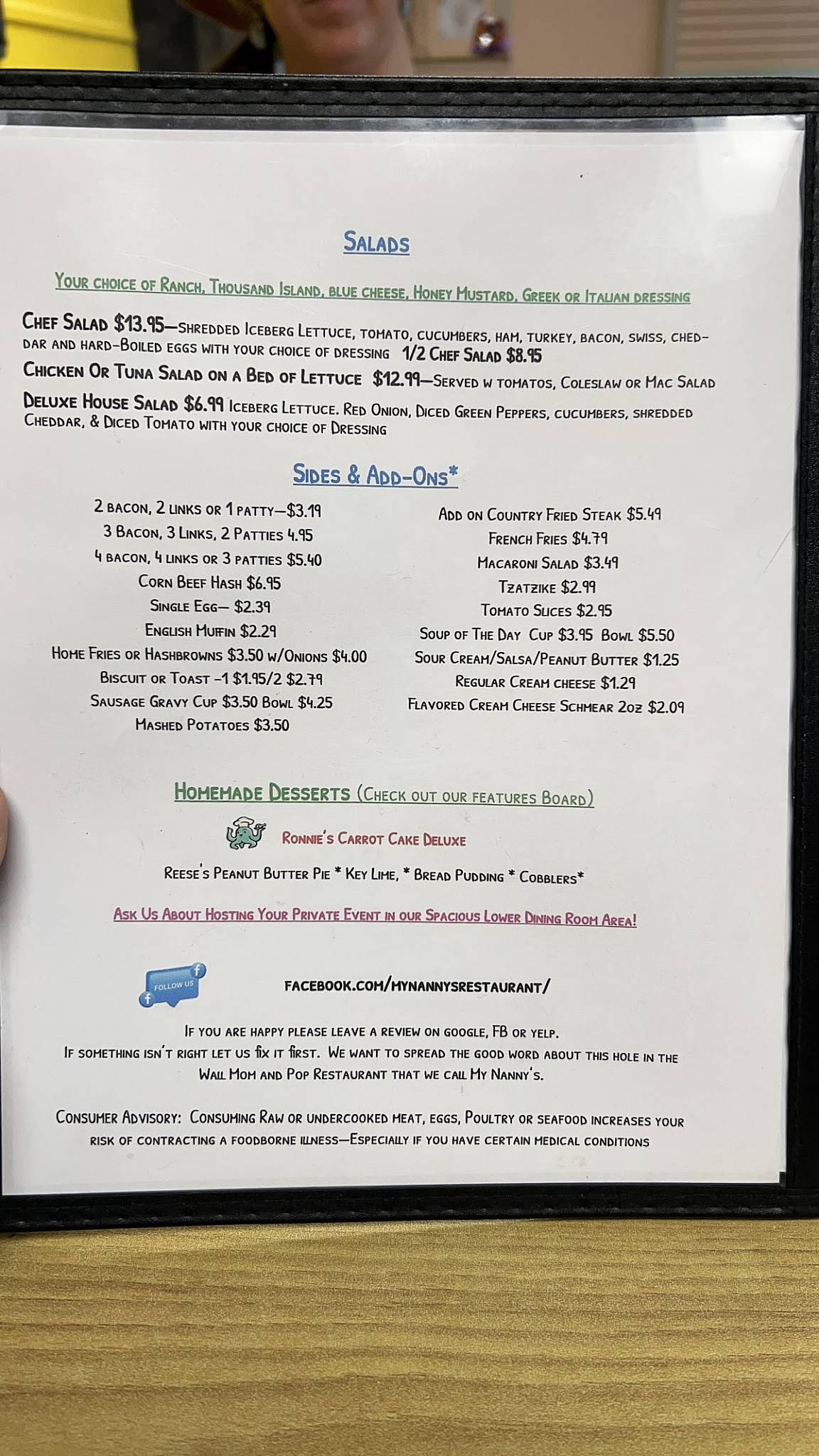 Menu at My Nanny's Restaurant, Spring Hill
