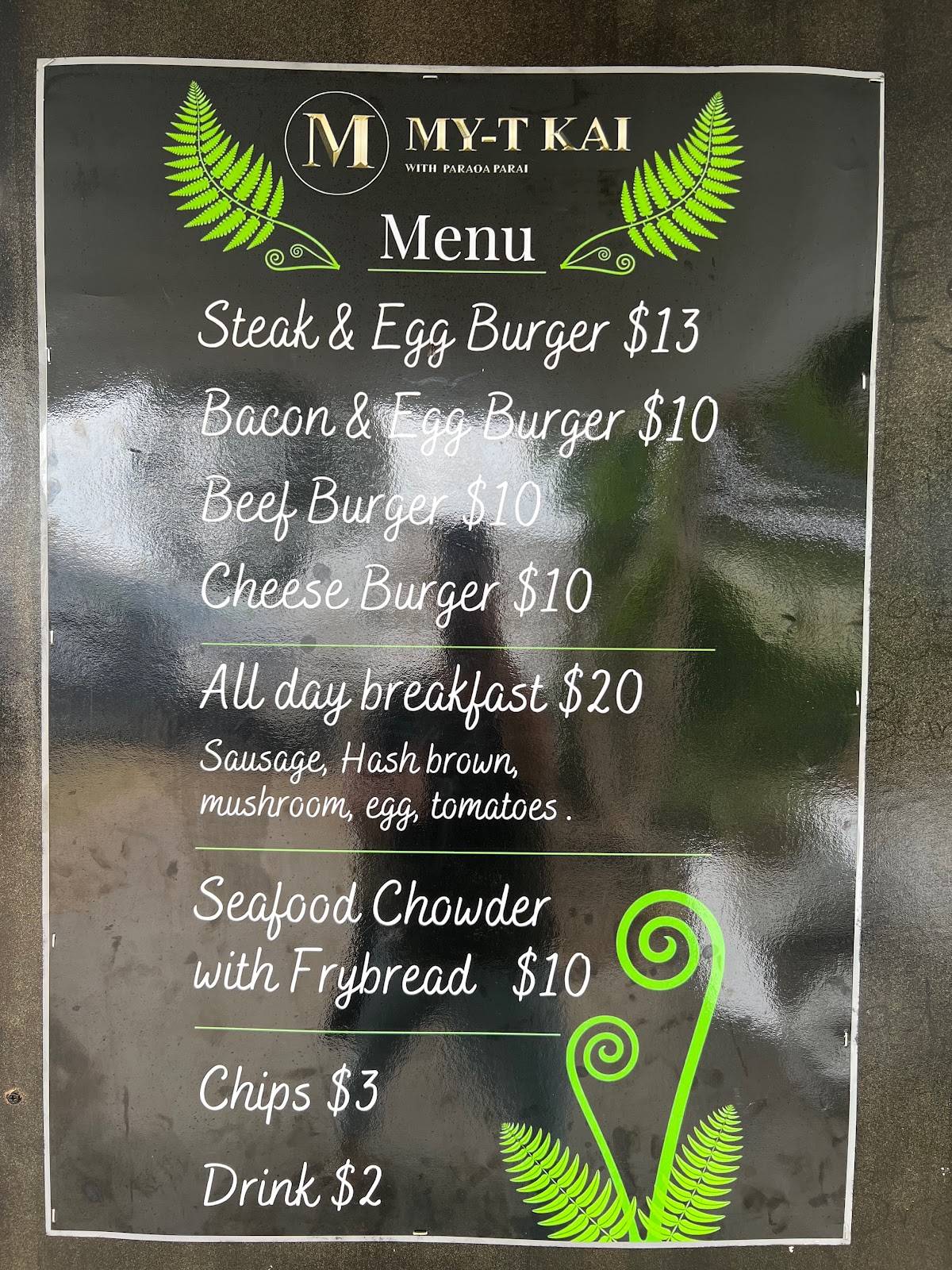 Menu at My-T Kai restaurant, Mahia