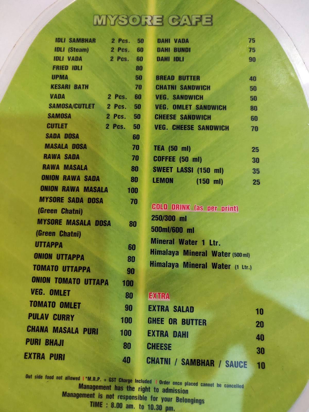 Menu at Mysore Cafe, Surat, Daruwalla Building Besides Athwa Petrol Pump