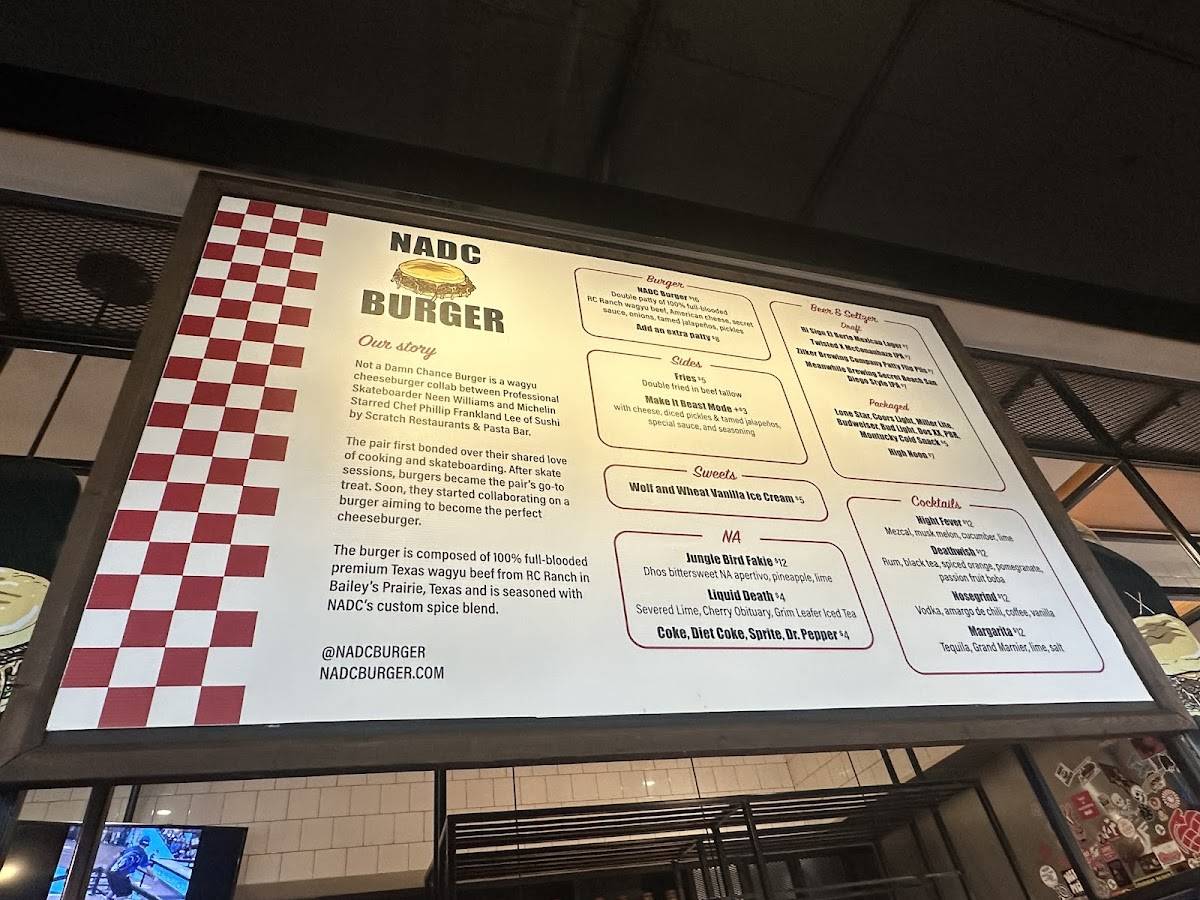 Menu at NADC Burger fast food, Austin, E 6th St