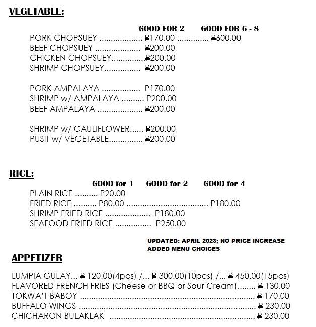 Menu at NG Wanam Food House restaurant, Batangas