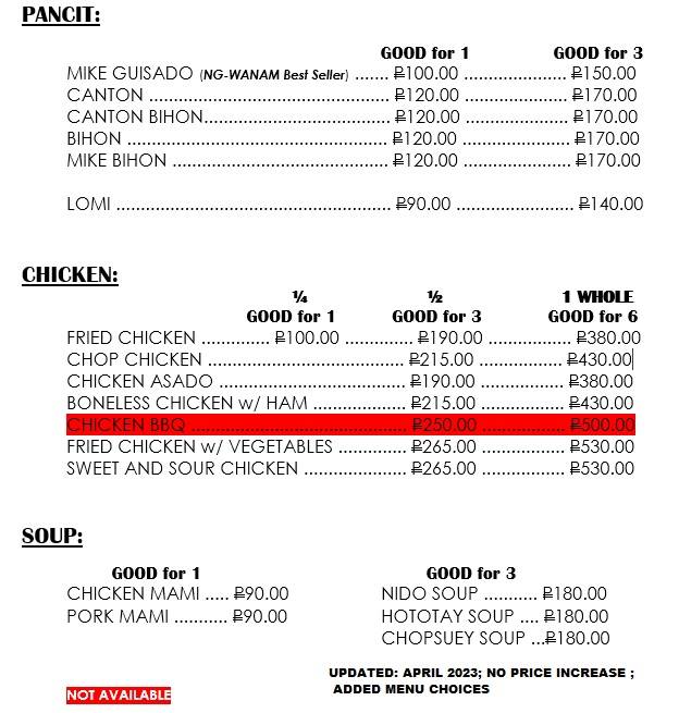 Menu at NG Wanam Food House restaurant, Batangas