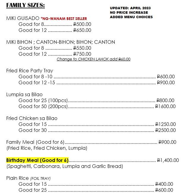 Menu at NG Wanam Food House restaurant, Batangas