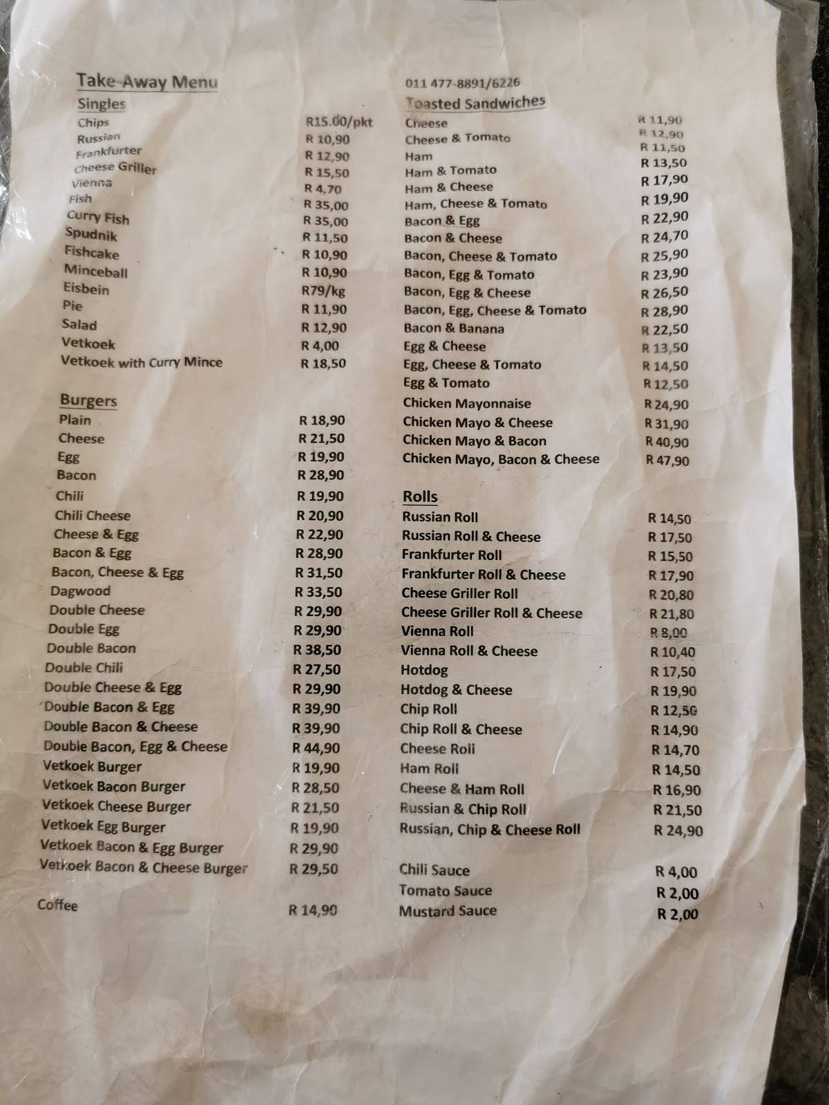 Menu at NONOS Bakery & Take Away, Randburg