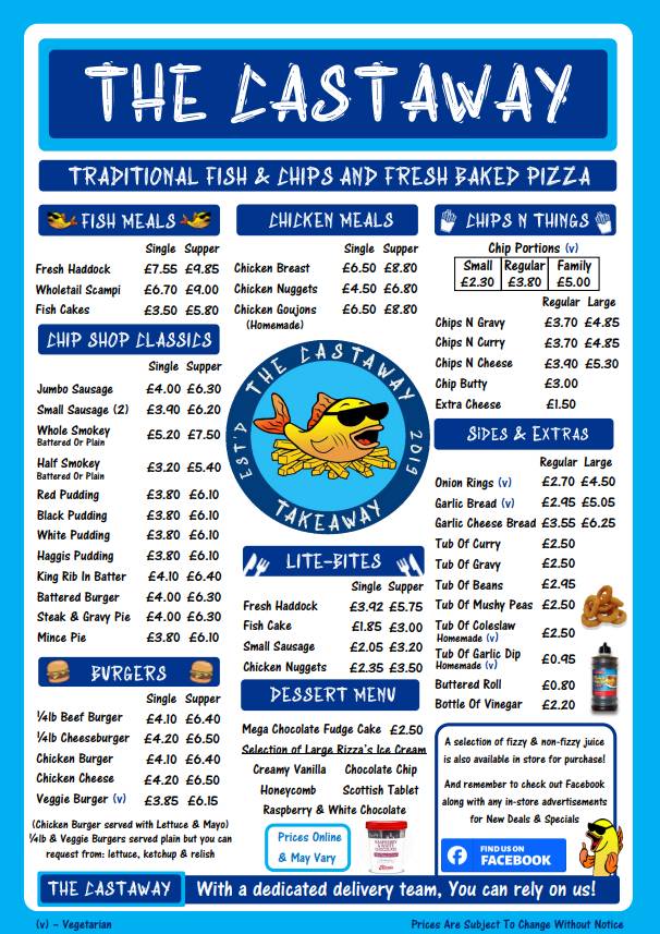 Menu at The Castaway restaurant, Nairn