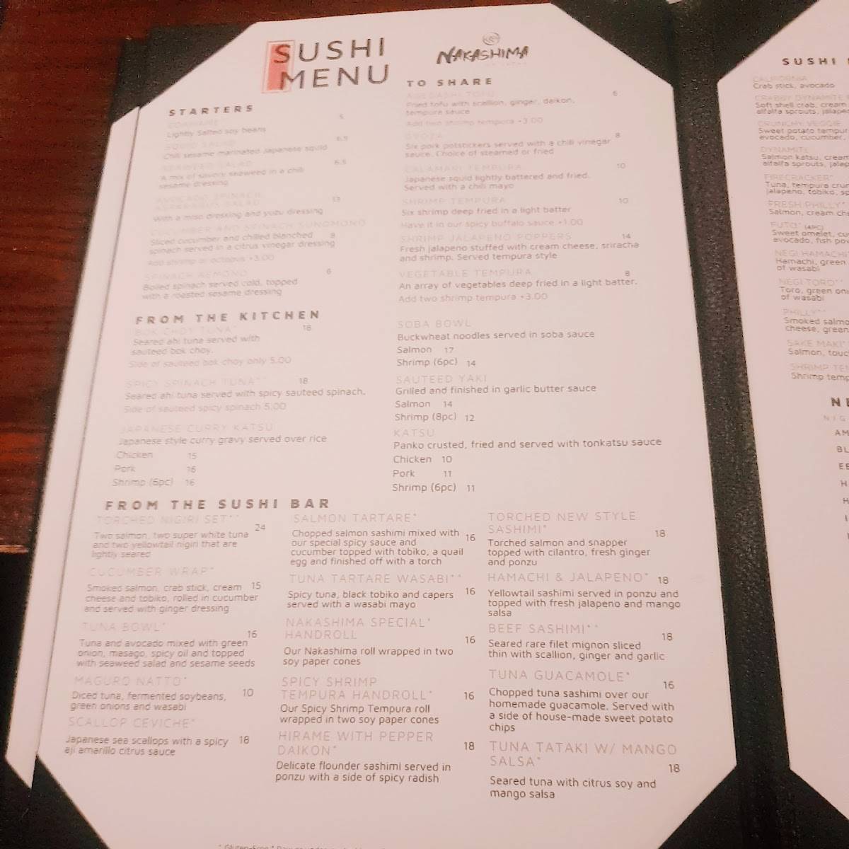 Menu at Nakashima of Japan restaurant, Appleton