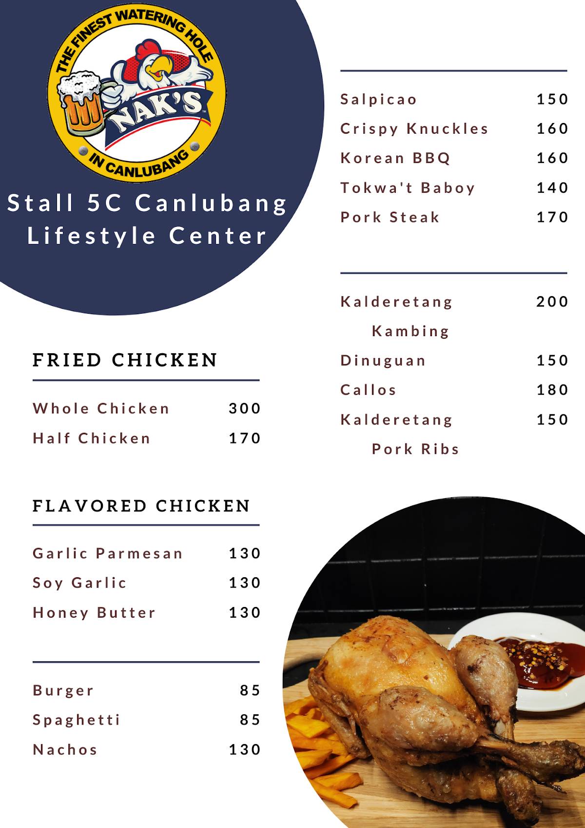 Menu at Nak's Beer and Chicken pub & bar, Calamba