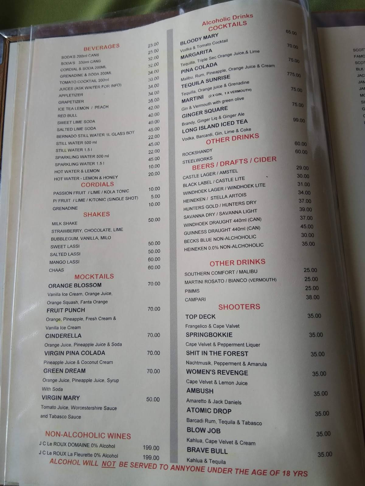 Menu at Namaskar Restaurant, Pretoria
