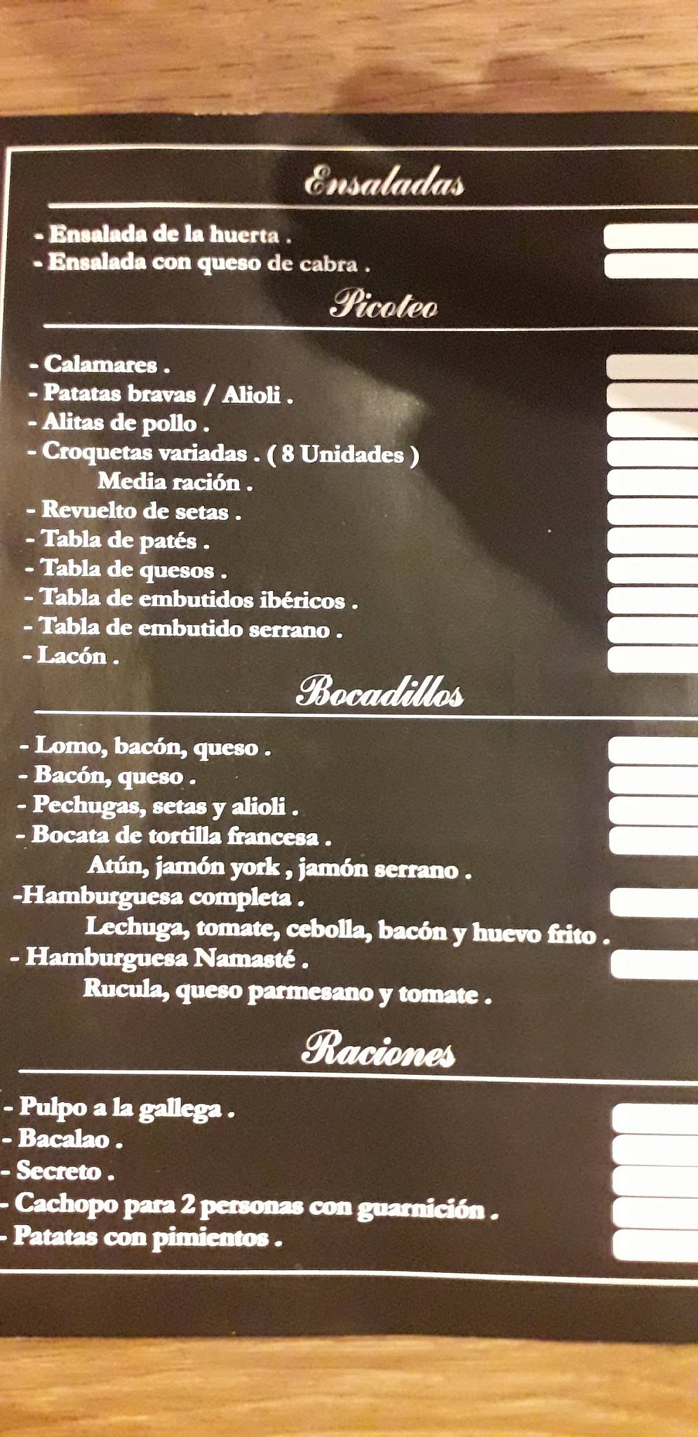 Carta de Namaste Lounge Bar, Logroño