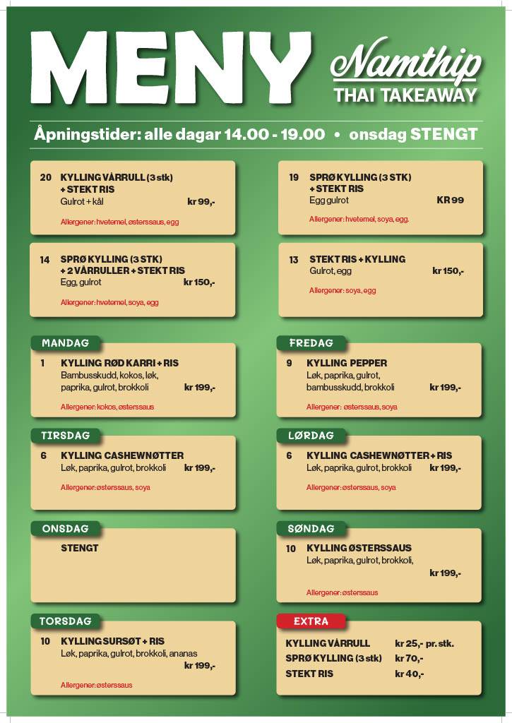 Menu at Namthip Thai Takeaway restaurant, Norway