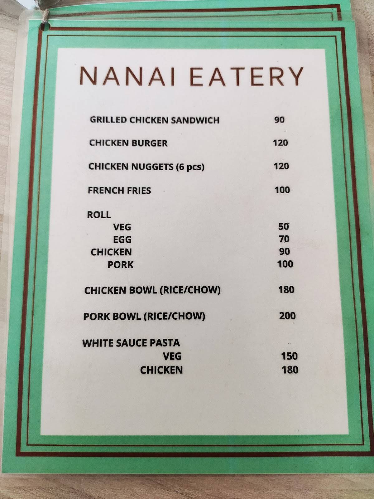 Menu at Nanai Eatery, Imphal