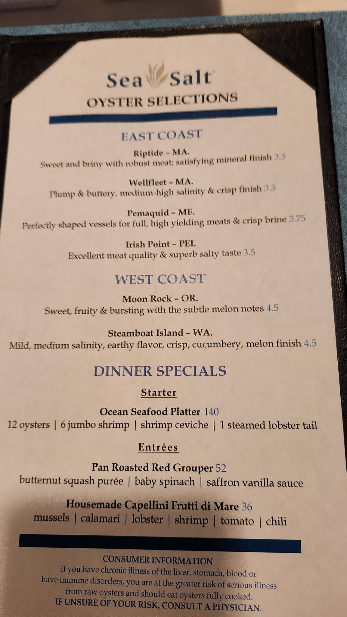 Menu at Sea Salt restaurant, Naples, 3rd St S