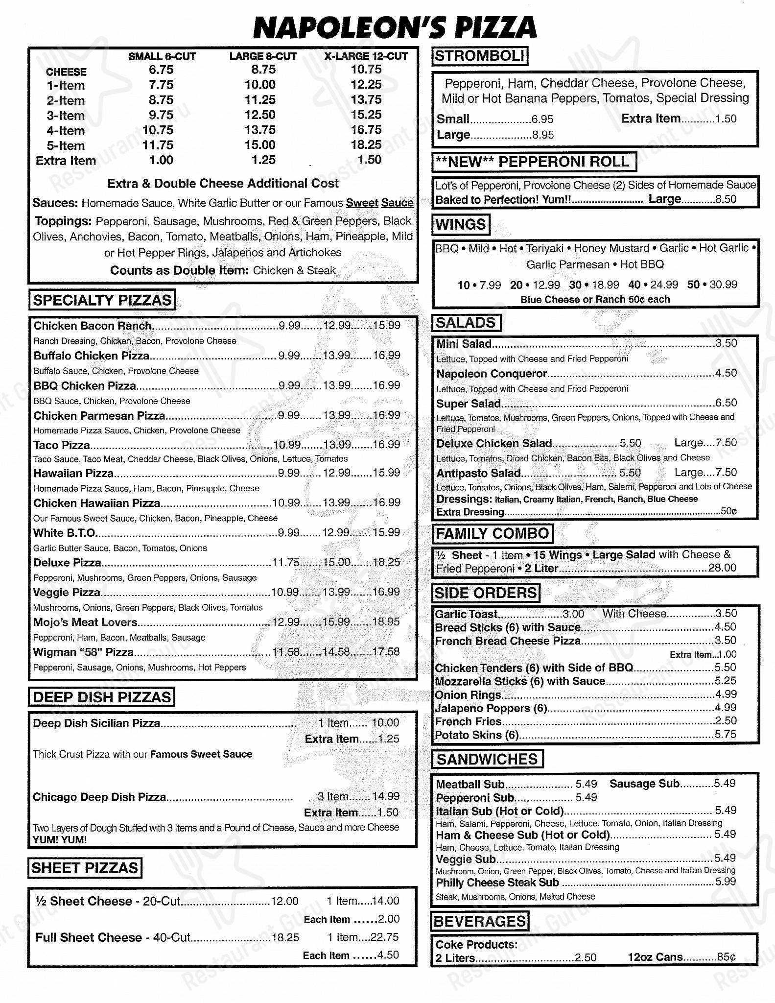 Menu at Napoleon's Pizza pizzeria, Cleveland