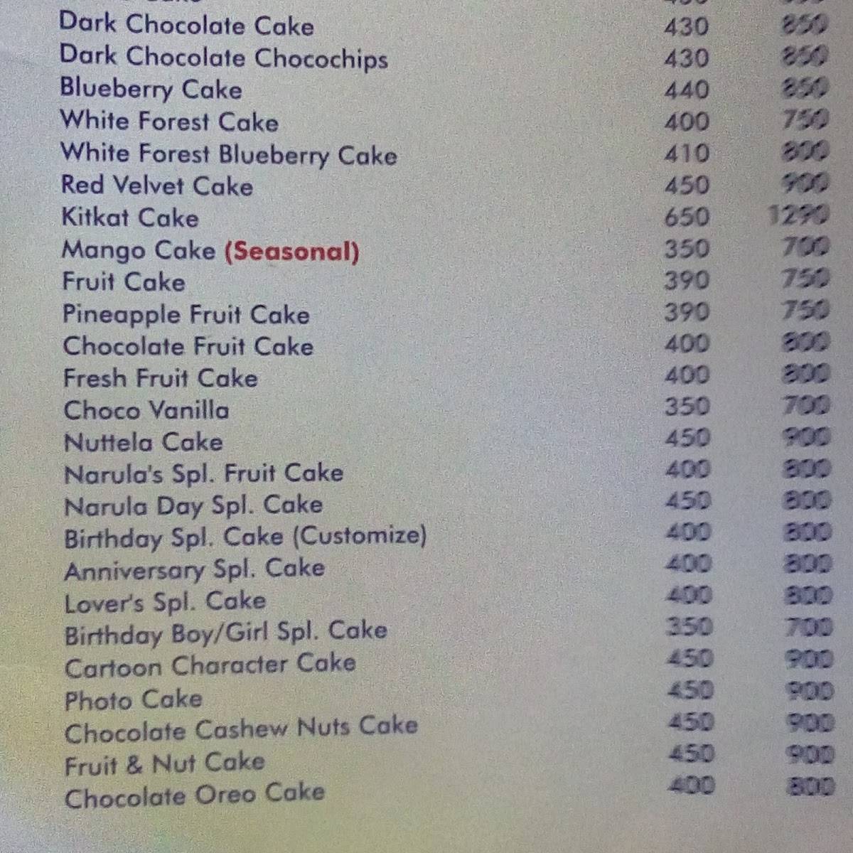 Menu at Narula Bakery wholesale & Retail, New Delhi