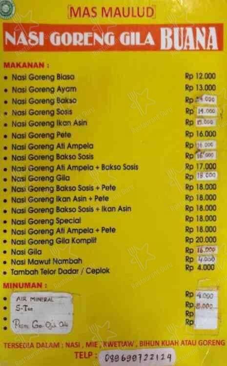 Menu at Nasi Goreng Gila Buana Mas Maulud restaurant, Tangerang, PJV8+6JM