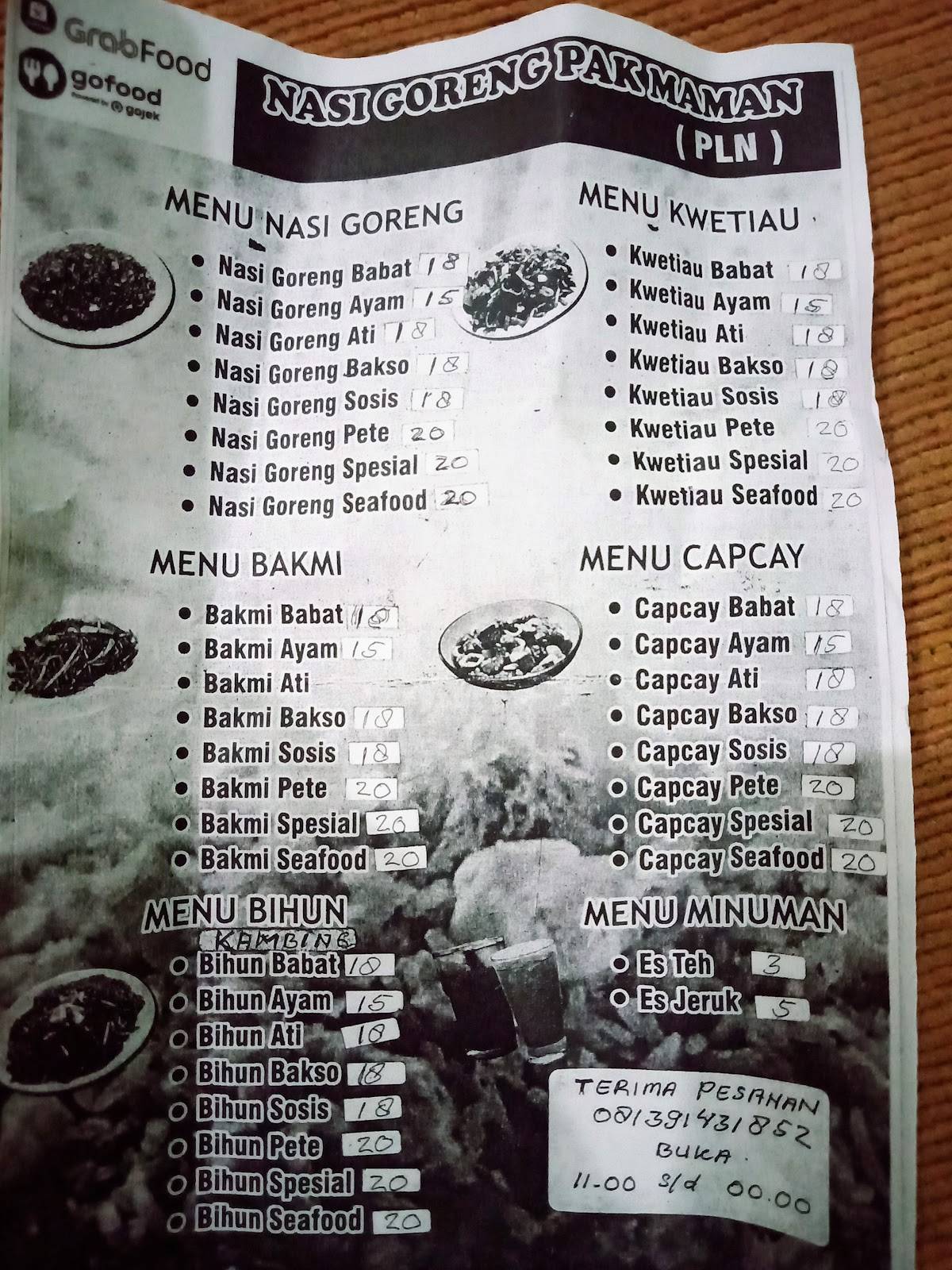 Menu at Nasi Goreng Pak Maman PLN restaurant, Purwokerto