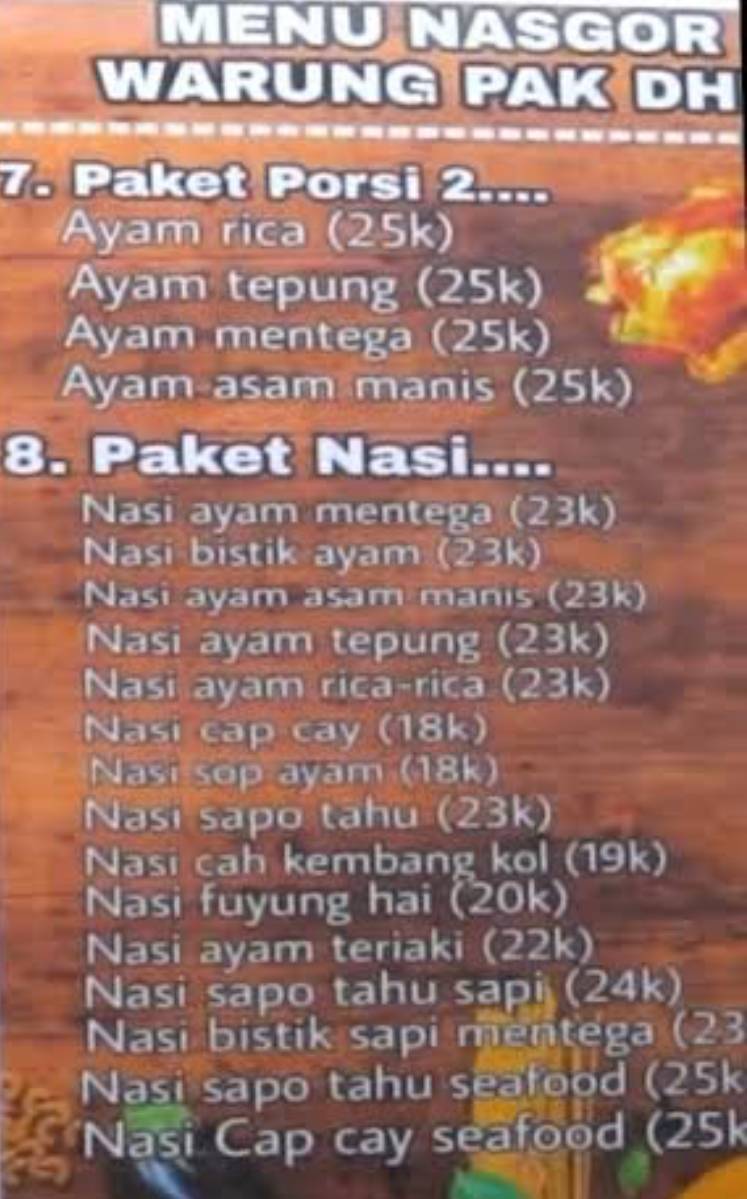 Menu at Nasi Goreng Warung Pak Dhe restaurant, South Jakarta