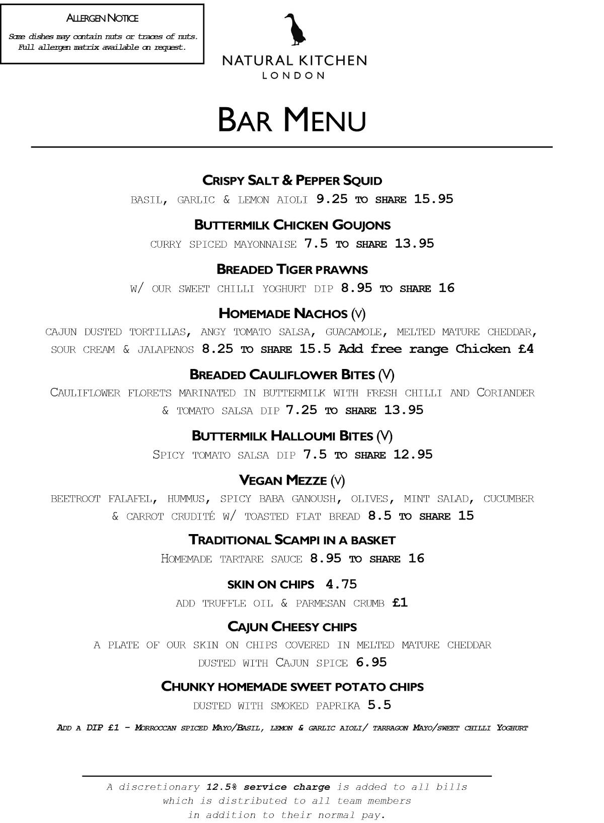 Menu at Natural Kitchen restaurant, London, 15-17 Nevill Ln