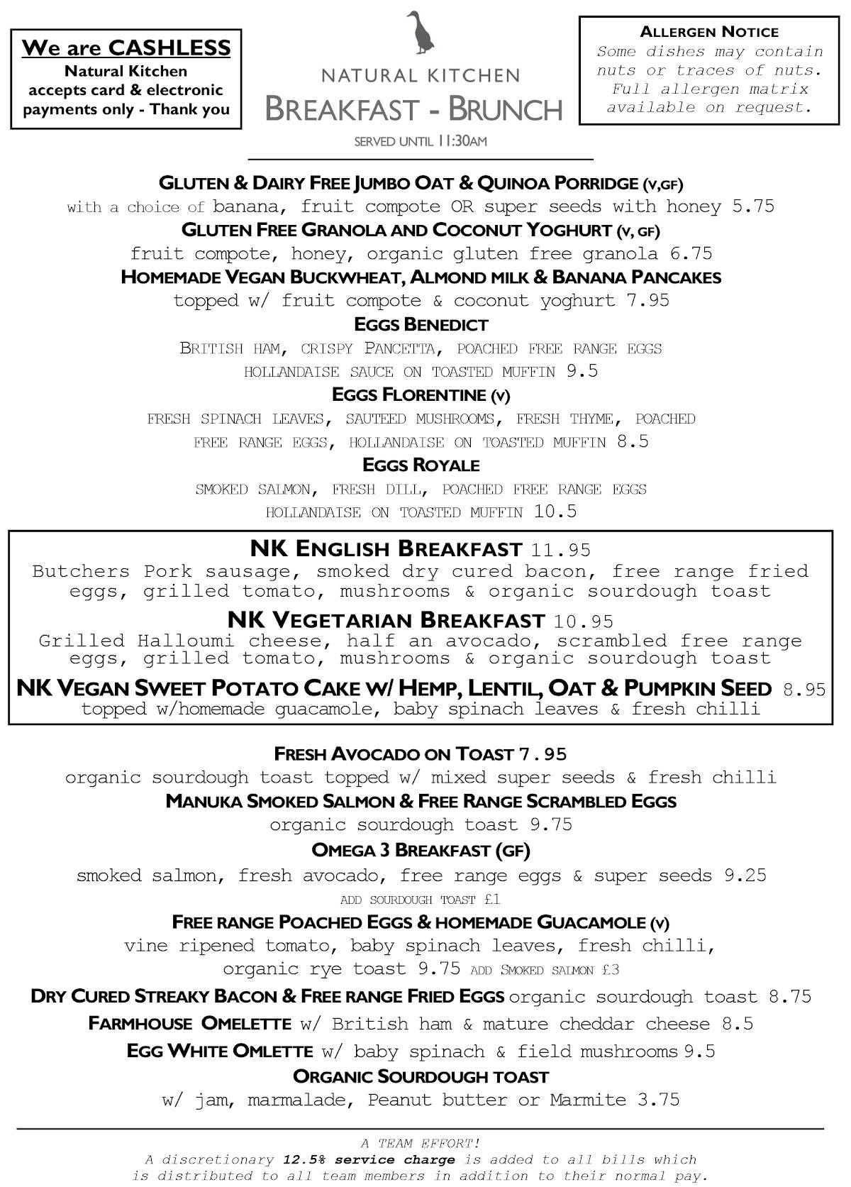 Menu at Natural Kitchen restaurant, London, 15-17 Nevill Ln