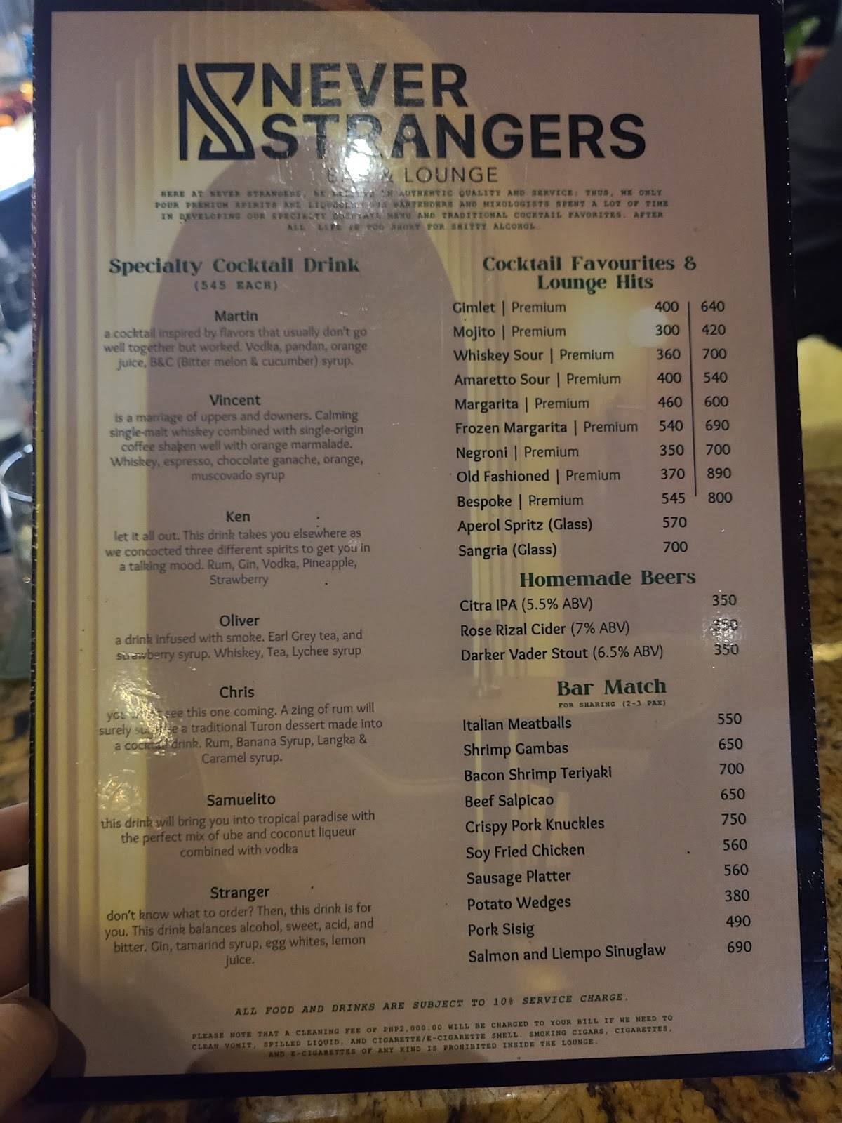 Menu at Never Strangers Bar & Lounge, Quezon City