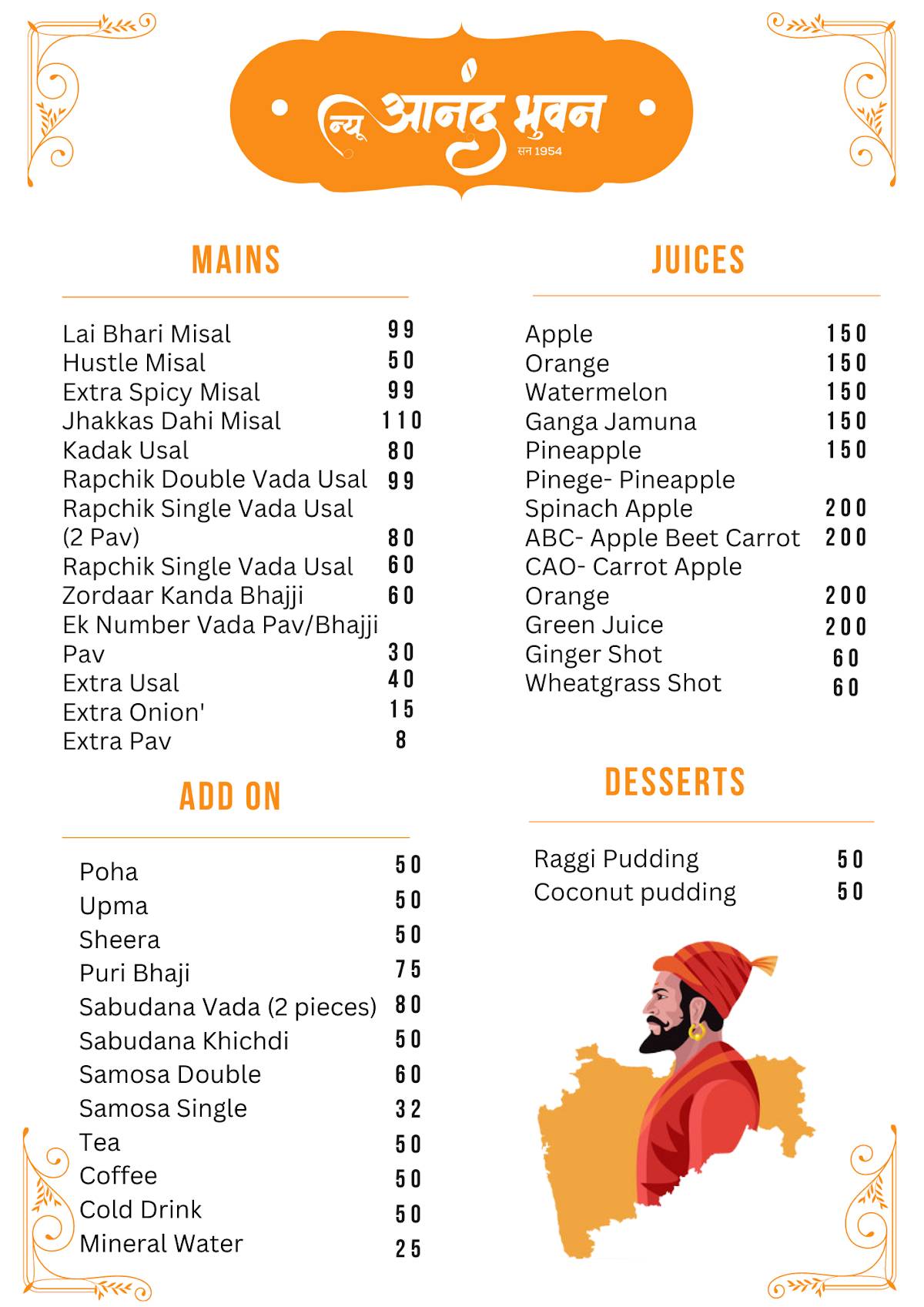 Menu at New Anand Bhuvan Shivaji Park, Mumbai