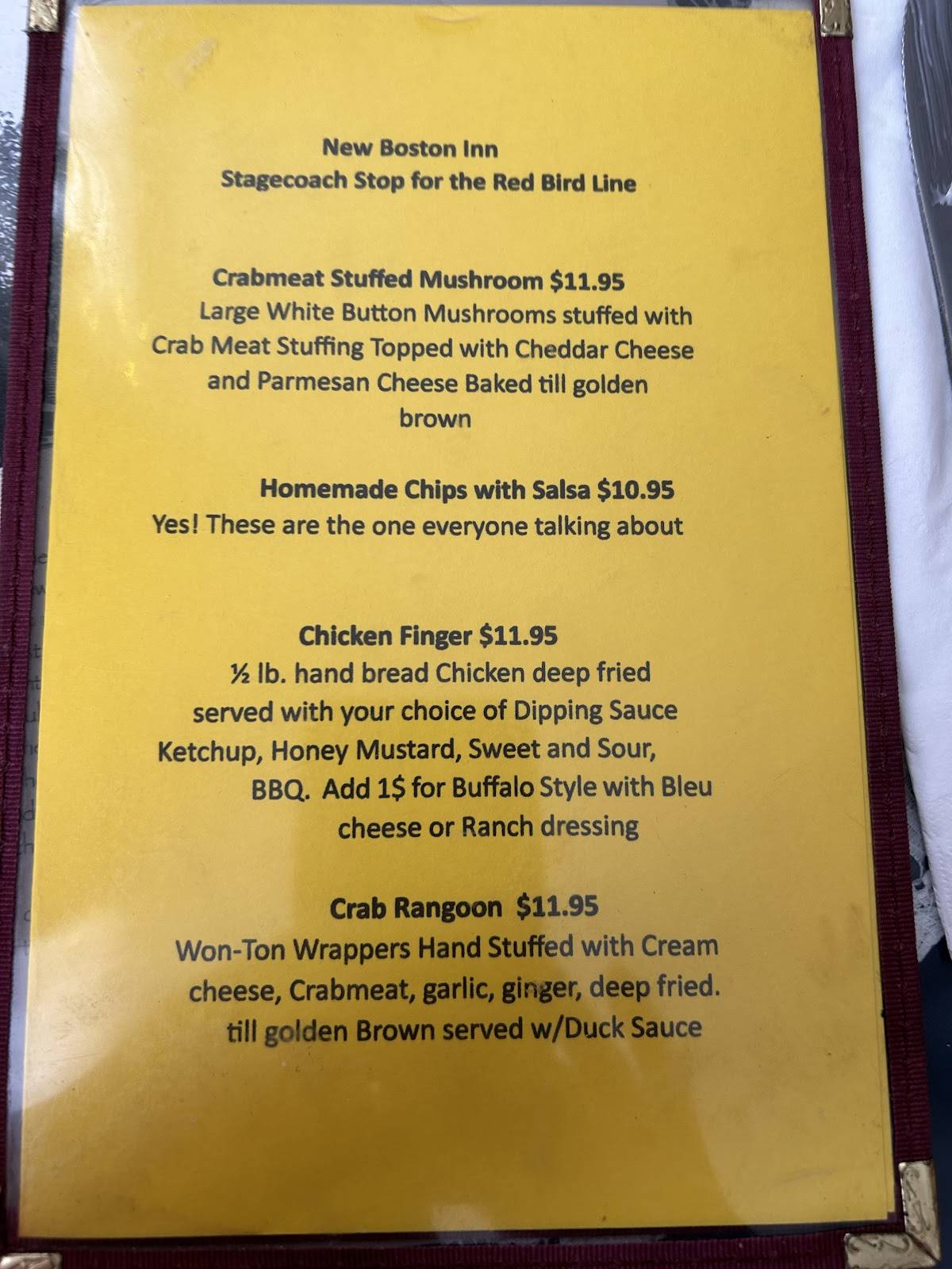 Carta del restaurante New Boston Inn, Sandisfield