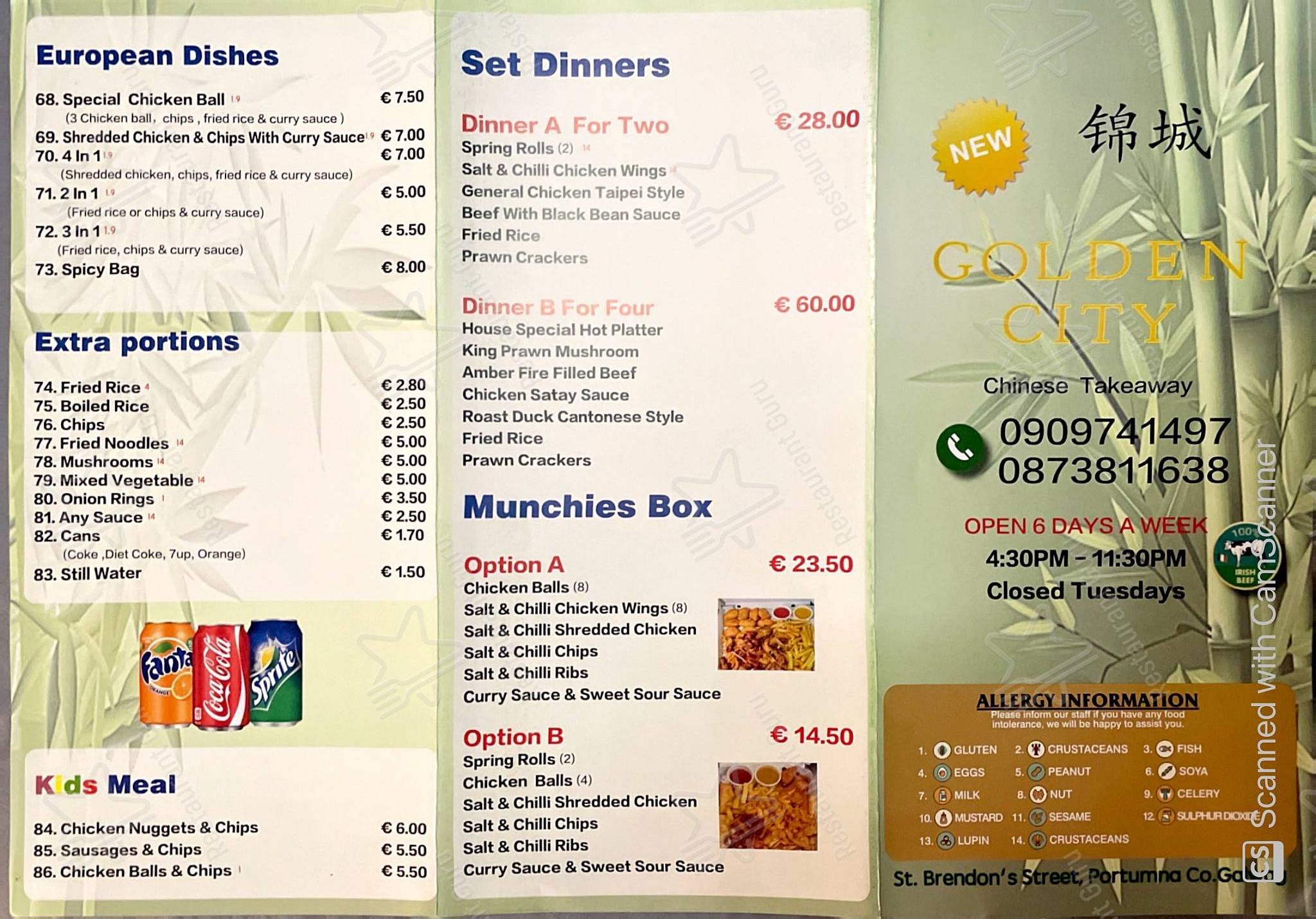 Menu at New Golden City Chinese restaurant, Portumna
