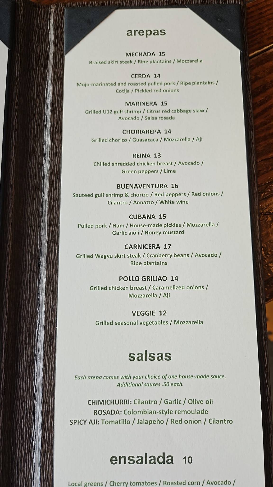 Menu at Maïs Arepas pub & bar, New Orleans