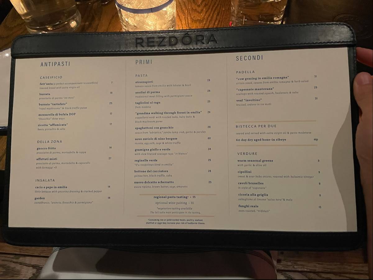 Menu at Rezdôra restaurant, New York City