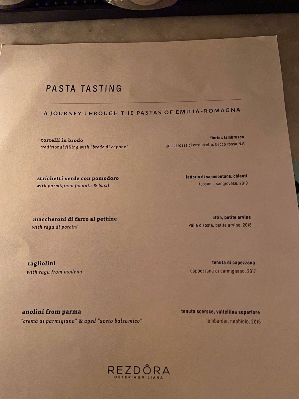 Menu at Rezdôra restaurant, New York City